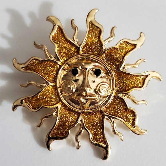 Jewelry | Sun Brooch Pin Gold Sparkly Enamel Crystals Celestial Artsy ...